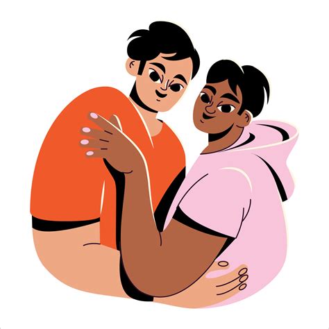 A Couple Of Lovers 2 Men Hug LGBT Pride Caucasian And Black Friends