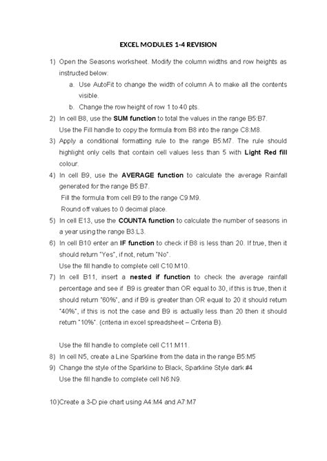 Excel Revision Instructions 2023 EXCEL MODULES 1 4 REVISION Open The