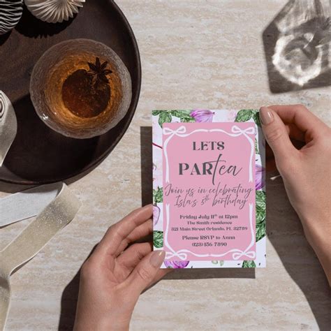 Lets Partea Birthday Invitation Pink Tea Party Theme Editable Customizable Printable Digital
