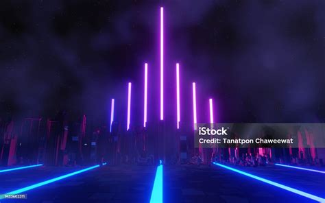 사이버 펑크 야간 도시 풍경 개념의 3d 렌더링 어두운 장면에서 빛이 빛납니다 밤 생활 5g에 대한 기술 네트워크 공상 과학 수도의 세대와 미래 지향적 인 도시 및 건물