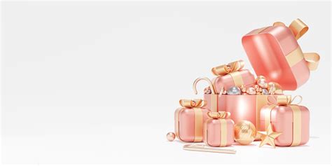 3d 렌더링 메리 새해와 메리 크리스마스 2023 황금 활과 금과 핑크 오픈 선물 Boxcandy 및 장식 공 휴일 배너 웹