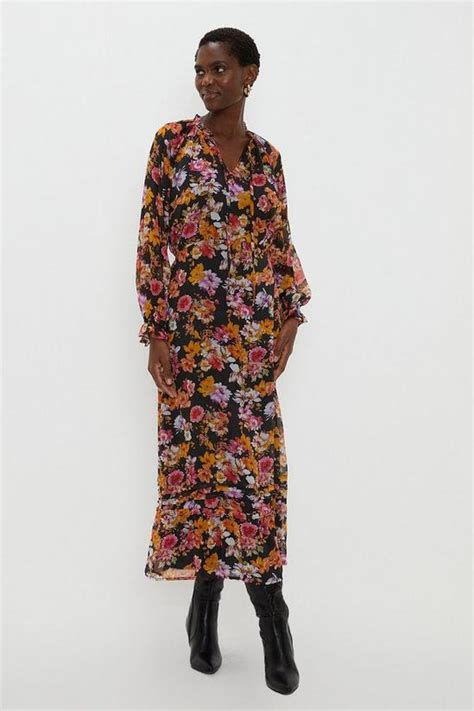 Dresses Tall Pink Floral Tie Neck Midi Dress Wallis