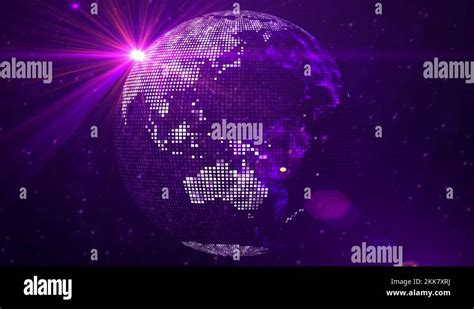 Red Purple Light Of Square Shines Dotted Globe Earth World Map Rotating