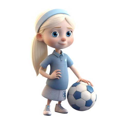 Una representación digital 3d de una linda chica de dibujos animados con una pelota de fútbol