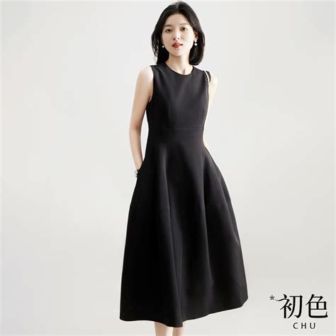 初色 日韓氣質純色百搭圓領無袖背心連身裙中長裙洋裝 共2色 69227m 2xl可選 短袖洋裝 Yahoo奇摩購物中心