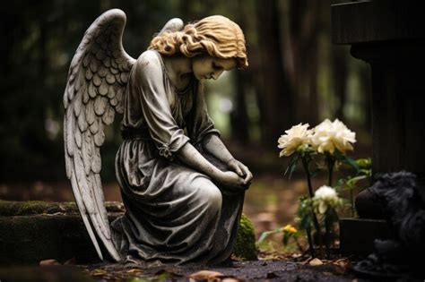 Premium Ai Image Cemetery Headstone Bearing Angel Statue For
