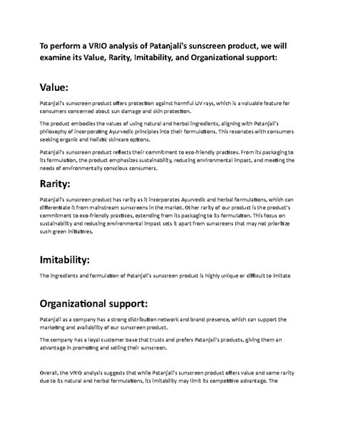Viro Analysis For Marketing To Perform A Vrio Analysis Of Patanjalis Sunscreen Product We
