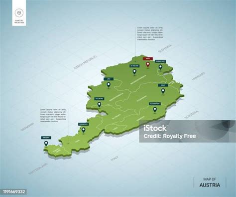 奧地利風格化地圖軸測 3d 綠色地圖包括城市邊界首都維也納和地區向量插圖可編輯的圖層清楚地標記英語向量圖形及更多信息圖形圖片 Istock