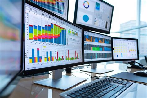 a row of computer monitors with a chart showing the word graph