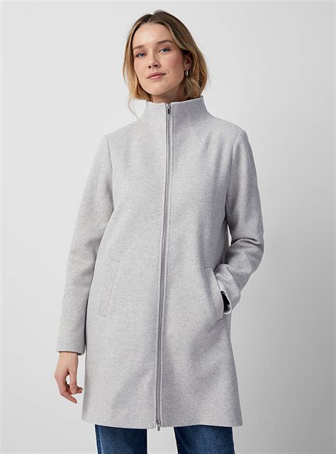 Stand Collar Felt 3 4 Length Coat Contemporaine Womens Wool Coats