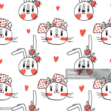 머리 핀 활에 고양이와 토끼의 얼굴이 있는 완벽 한 패턴입니다 패션 귀여운 토끼와 키티 벡터 일러스트 0명에 대한 스톡 벡터 아트 및 기타 이미지 Istock