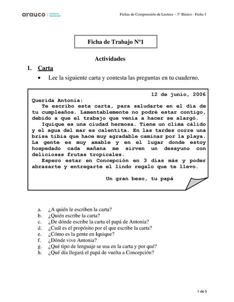 Fichas Comprensión Lectora 3° Básico Actividades 1 Carta Lee La