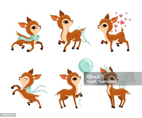 귀여운 갈색 새끼 사슴이나 아기 사슴이 스카프를 두르고 풍선을 들고 점프하고 선물 상자 벡터 세트를 들고 있다 나비매듭에 대한