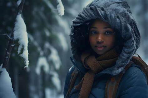 Premium AI Image African American Woman In Forest At Snowy Winter