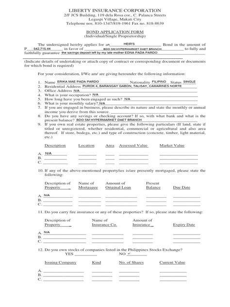 Bond Application Form For Individuals Pdf Surety Financial Services