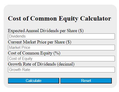 Cost Of Common Equity Calculator Calculator Academy