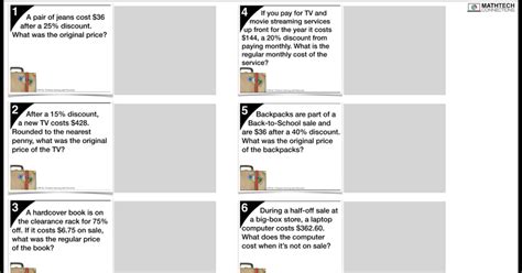 copy of 6 rp 3c problem solving with percents matching cards