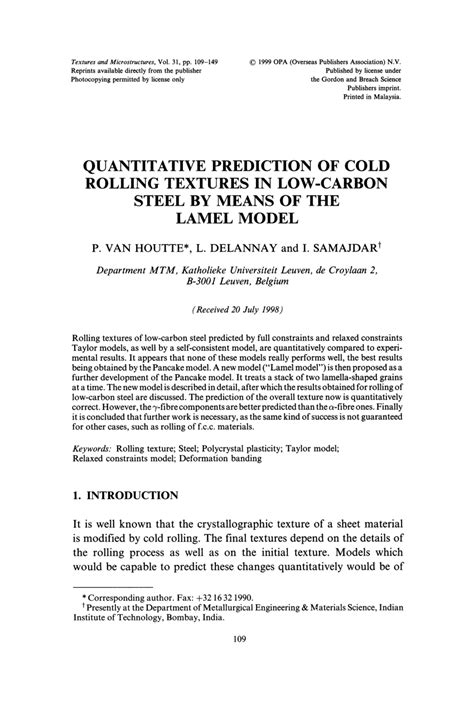 Pdf Quantitative Prediction Of Cold Rolling Textures In Low Carbon Steel By Means Of The Lamel