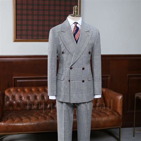 Francois Gentle Gray Plaid Peaked Lapel Double Breasted Bespoke Men
