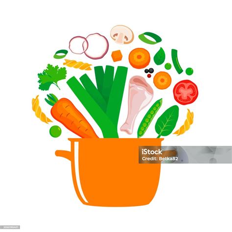 신선한 야채와 닭고기 비행 와 냄비 벡터 일러스트 레이 션 닭고기 수프에 대한 스톡 벡터 아트 및 기타 이미지 닭고기 수프 벡터 개체 그룹 Istock