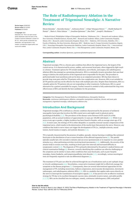 PDF The Role Of Radiofrequency Ablation In The Treatment Of Trigeminal Neuralgia A Narrative