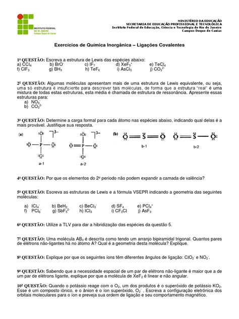 Exercícios De Química Inorgânica Sobre Ligações Covalentes Estruturas