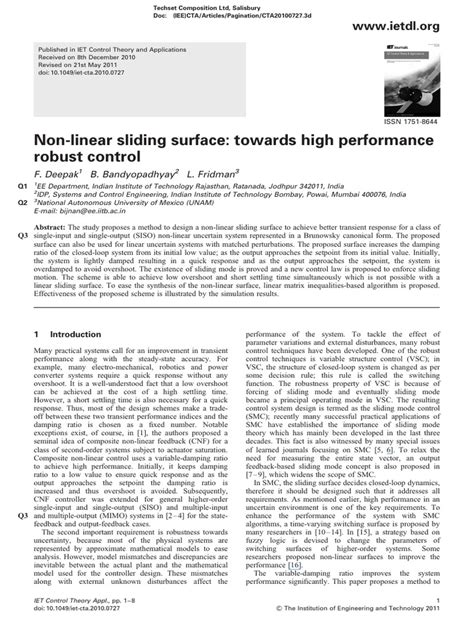 Non Linear Sliding Surface Towards High Pdf Control Theory Applied Mathematics