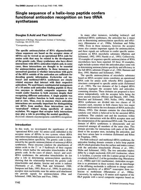 Single Sequence Of A Helix Loop Peptide Confers Functional Anticodon Recognition On Two Trna