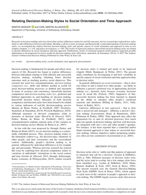 Behavioral Decision Making 2017 Geisler Relating Decision Making Styles To Social