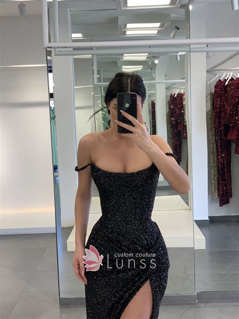 Dazzling Sexy Off Shoulder Slit Black Sequin Prom Dress Lunss