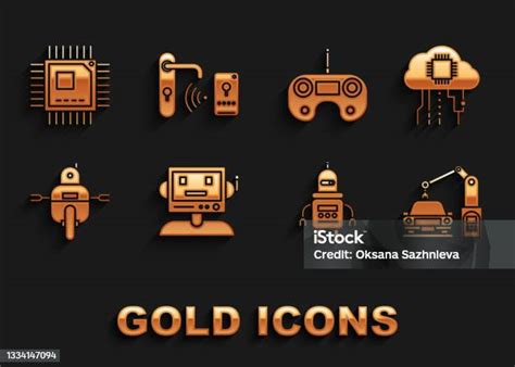 설정 로봇 사물 인터넷 산업 기계 로봇 암 손 원격 제어 마이크로 회로 Cpu와 디지털 도어 잠금 무선 기술의 프로세서 잠금 해제 아이콘 벡터 Cpu에 대한 스톡 벡터 아트