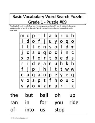 Basic Gr1 Vocab Word Search 9 Learn With Puzzles