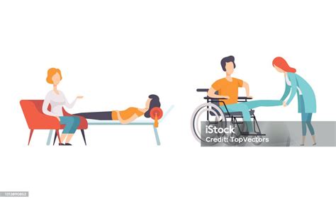 외상 또는 상해 벡터 세트 후에 건강을 회복하는 치료사와 물리 치료 또는 물리 치료 건강관리와 의술에 대한 스톡 벡터 아트 및