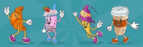 빵집에 대한 글자와 문구가 있는 포스터 디저트 캐릭터가 있는 멋진 포스터와 카드 컬렉션 복고풍 만화 마스코트 세트 카페 및 배달 아이스크림 커피 크로와상 버블티 0명에 대한