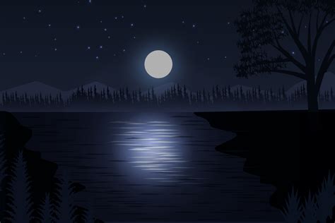Moonlight Night In Forest Dark Forest Sky With River And Moon Landscape Background Illustration