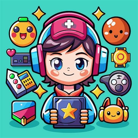 Cute Anime Girl Gamer Holding A Game Console With Colorful Icons