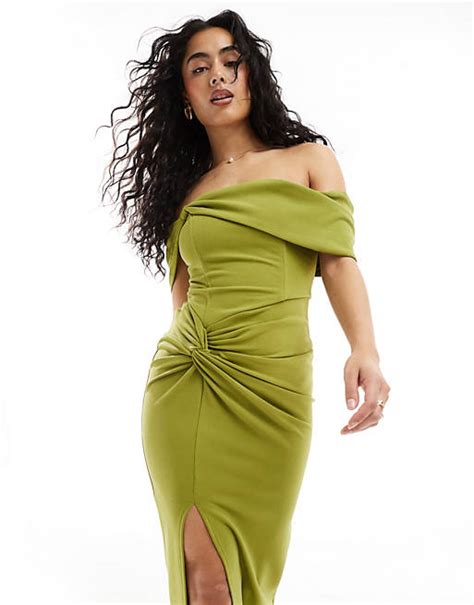 Tfnc Linvitée Robe Plissée Longue à Encolure Bardot Olive Asos