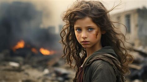 Niña Entre Las Ruinas De Los Edificios Durante La Guerra Foto Premium