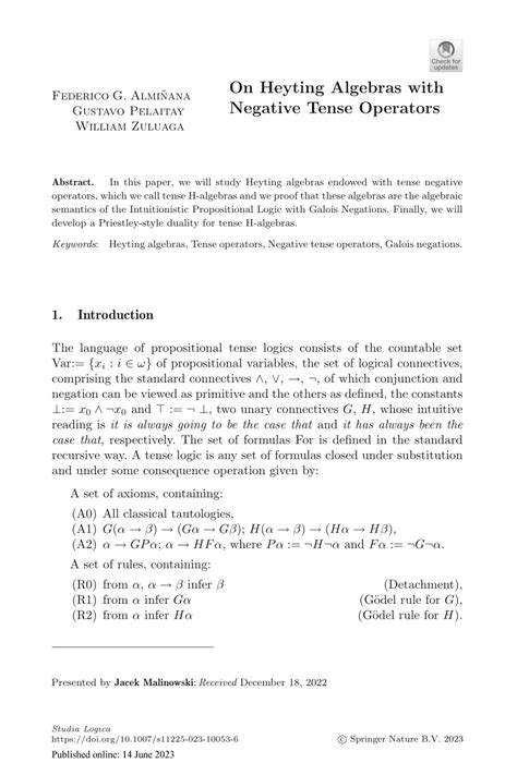 Pdf On Heyting Algebras With Negative Tense Operators