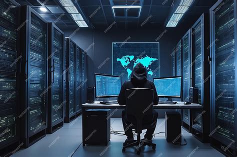 Premium Ai Image Hacker Seated In Server Room Launching Cyberattack