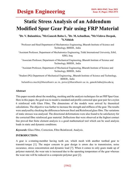 Pdf Static Stress Analysis Of An Addendum Modified Spur Gear Pair Using Frp Material