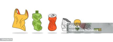 가정용 쓰레기 쓰레기 구겨진 패키지 주석 병 플라스틱 컵 종이 전구와 배터리뿐만 아니라 흰색 배경의 벡터 그림 구겨진에 대한 스톡 벡터 아트 및 기타 이미지 Istock