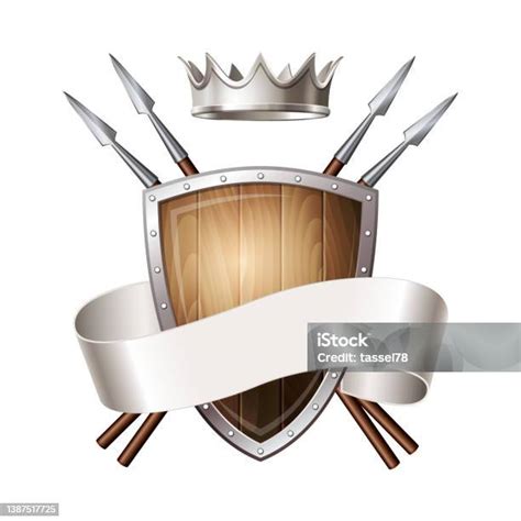 장엄한 크라운 보호 방패 교차 창과 리본을 사용하여 구성 그래픽 엠블럼 3차원 형태에 대한 스톡 벡터 아트 및 기타 이미지 3차원 형태 기 전투 Istock
