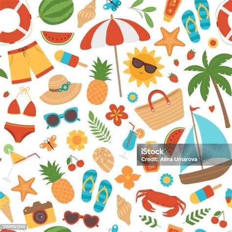 화려한 여름 요소가 있는 완벽 한 패턴입니다 수영복 모자 선글라스 야자수 칵테일 과일 아이스크림 및 기타와 해변 배경 열대 휴가