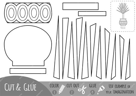 어린이를 위한 교육용 종이 게임 Houseplant Yucca 가위와 풀을 사용하여 이미지 만들기 프리미엄 벡터