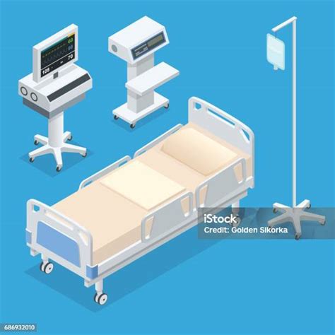 병원 방의 평면 3d 벡터 일러스트 레이 션 아이소메트릭 인테리어 침대와 현대 병원에 편안 하 게 의료 병원 방 등측투영법에