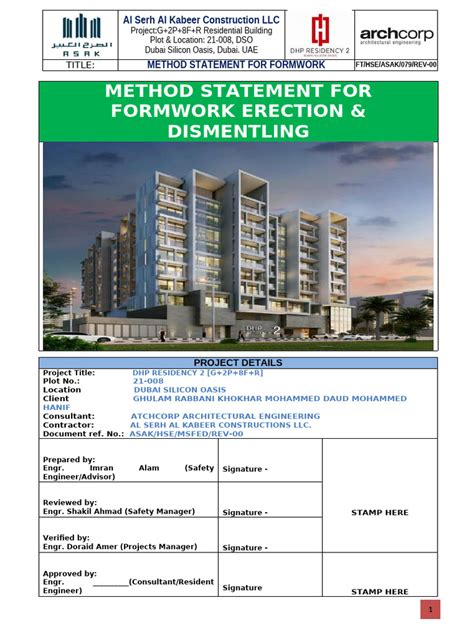 Formwork Method Statement For Dhp Residency Pdf Concrete Civil Engineering