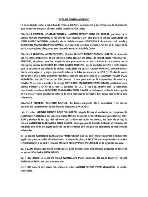 Acta De Mutuo Acuerdo Vehiculo Pdf