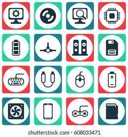 Set 16 Computer Hardware Icons Includes Stock Illustration 608033471