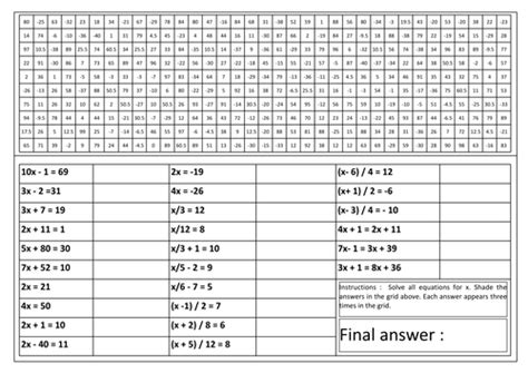 Solving Linear Equations Medium Shade Out Grid Teaching Resources